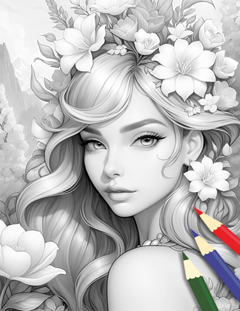 30 Blooming Lady Coloring Pages, Beautiful Women With Flowers Coloring ...