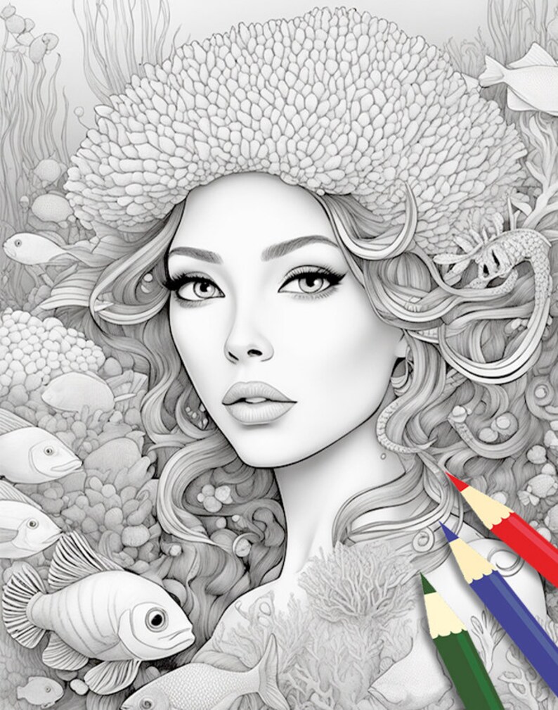 Sea Queen Coloring Pages, Portrait Woman Coloring Sheet, Fantasy ...