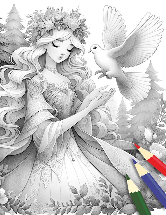 Cute Princess With Pigeon Coloring Pages, Coloring Book Fairy Tale ...