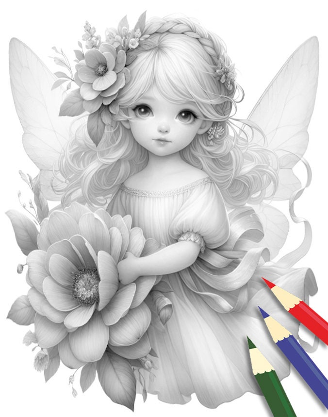 30 Little Fairies With Flowers, Fairy Coloring Pages, Fairy Coloring ...