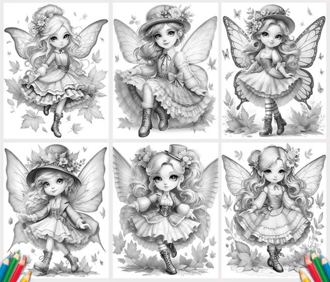 30 Autumn Fairy Coloring Pages: Grayscale Art (PDF) - Etsy