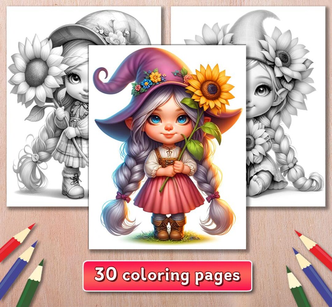 30 Sunflower Gnome Coloring Pages, Cute Little Girl Gnome and Flower ...