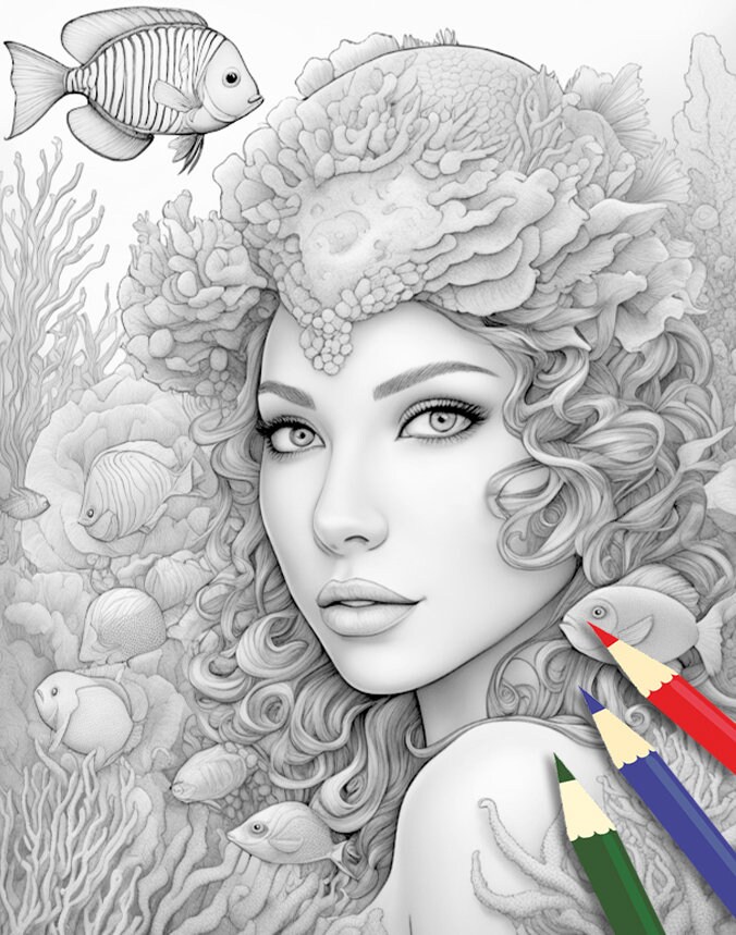 Sea Queen Coloring Pages, Portrait Woman Coloring Sheet, Fantasy ...
