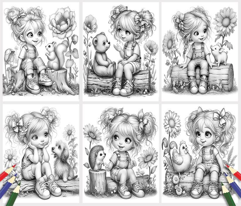 30 Girl and Animal Coloring Pages, Cute Little Girl With Animal ...