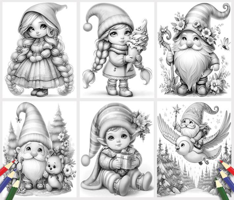 50 Gnomes Coloring Pages, Gnome Grayscale Coloring Book, Digital ...