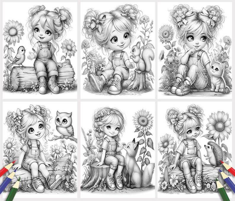 30 Girl and Animal Coloring Pages, Cute Little Girl With Animal ...