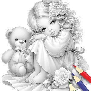 Girl and Teddy Bear Coloring Pages, Cute Little Girl With Flowers ...