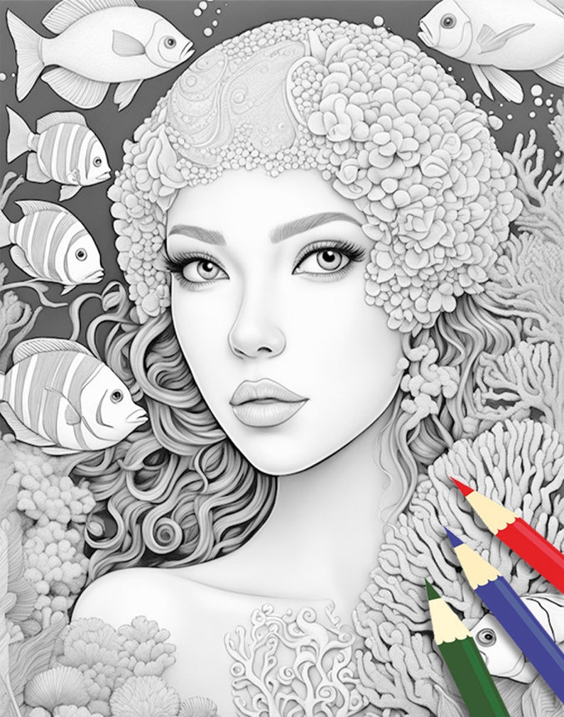 Sea Queen Coloring Pages, Portrait Woman Coloring Sheet, Fantasy ...