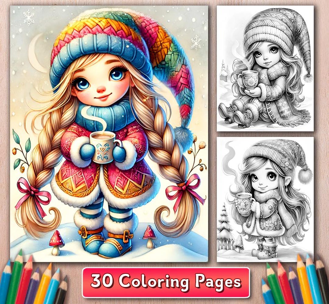 Winter Gnome Girl Coloring Book: 30 Grayscale Pages (PDF) - Etsy