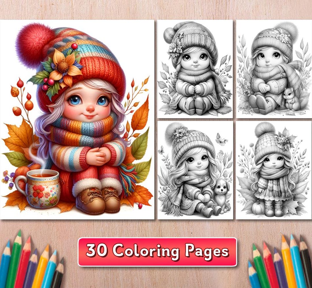 30 Cozy Autumn Coloring Pages, Cute Autumn Gnomes Coloring Book, Autumn ...