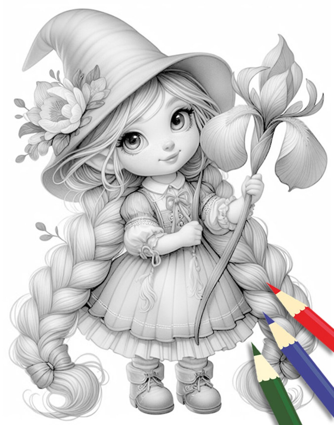 Livro de colorir Menina Gnomo, Páginas de flores em tons de cinza (PDF ...