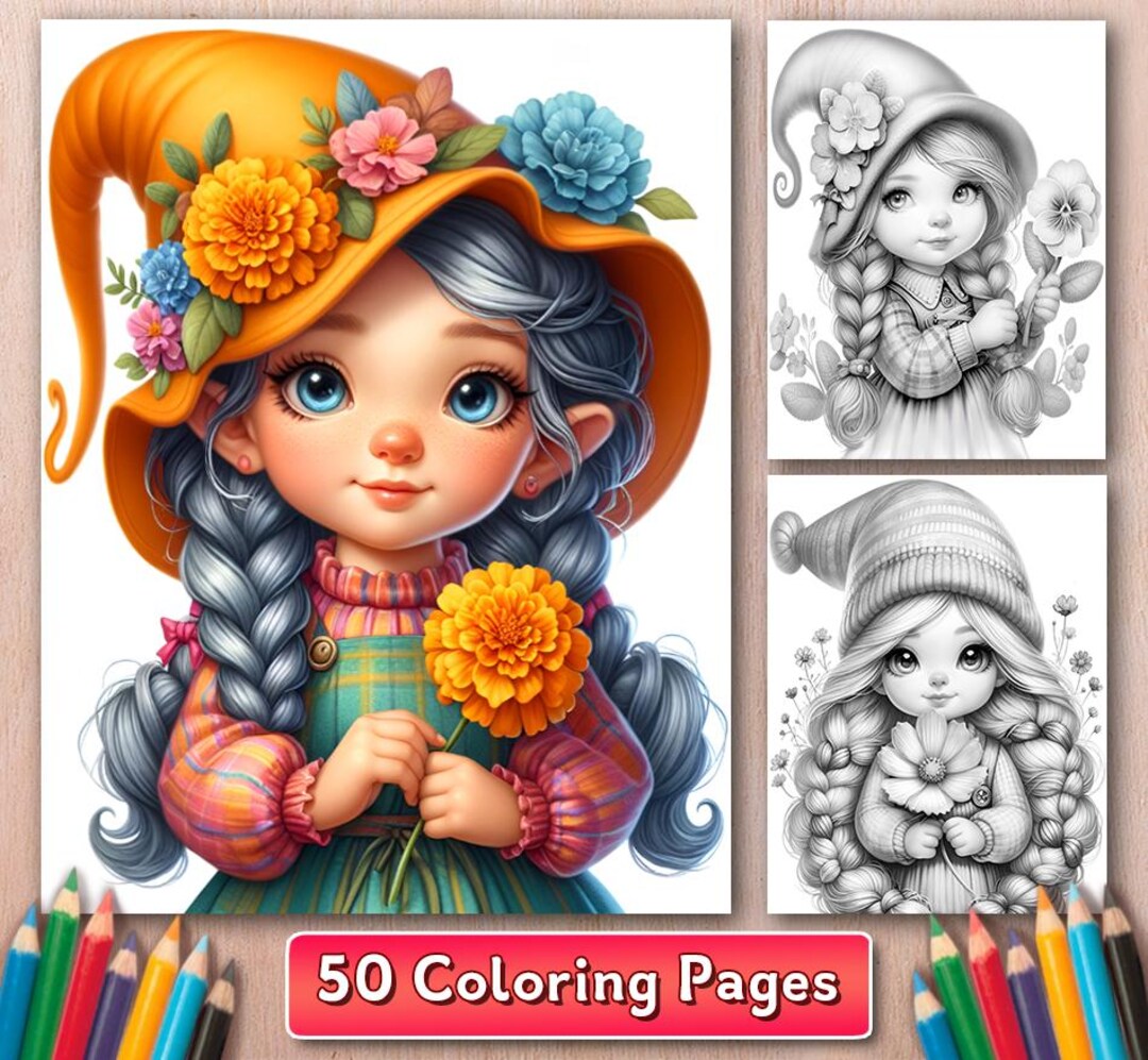 50 Gnome Girl Portraits With Flowers, Whimsical Portraits to Coloring ...