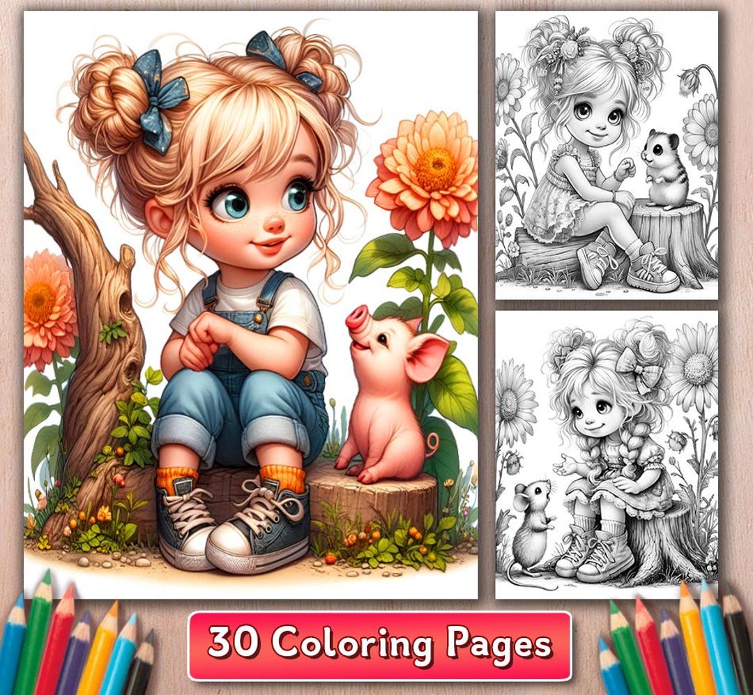 30 Girl and Animal Coloring Pages, Cute Girls and Animals, Love Animals ...