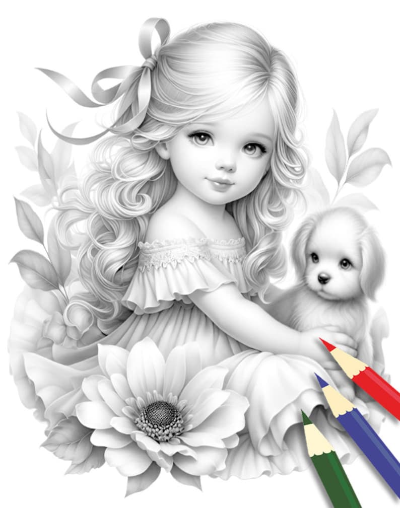 Little Girl and Puppy Coloring Pages, Cute Little Girl With Flowers ...