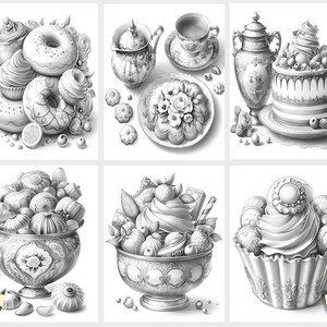 30 Delicious Sweets Coloring Page, Sweet Desserts Grayscale Coloring ...