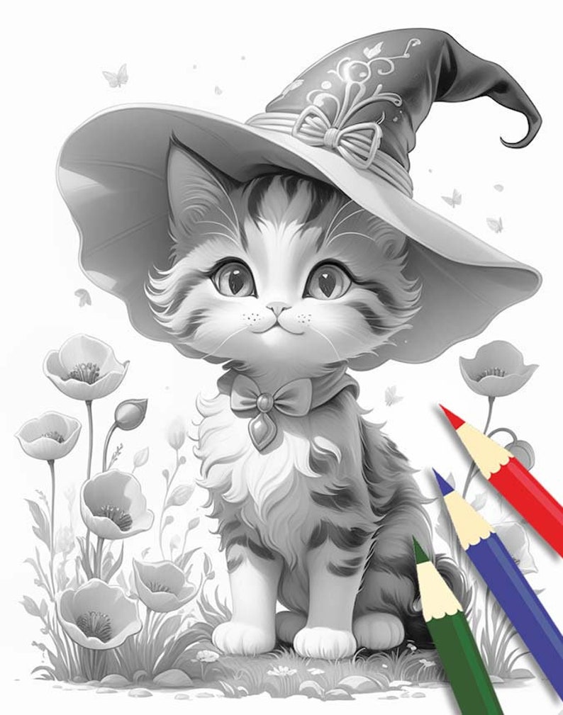 Witch Cats Coloring Pages, 30 Fantasy Grayscale Designs (printable PDF ...