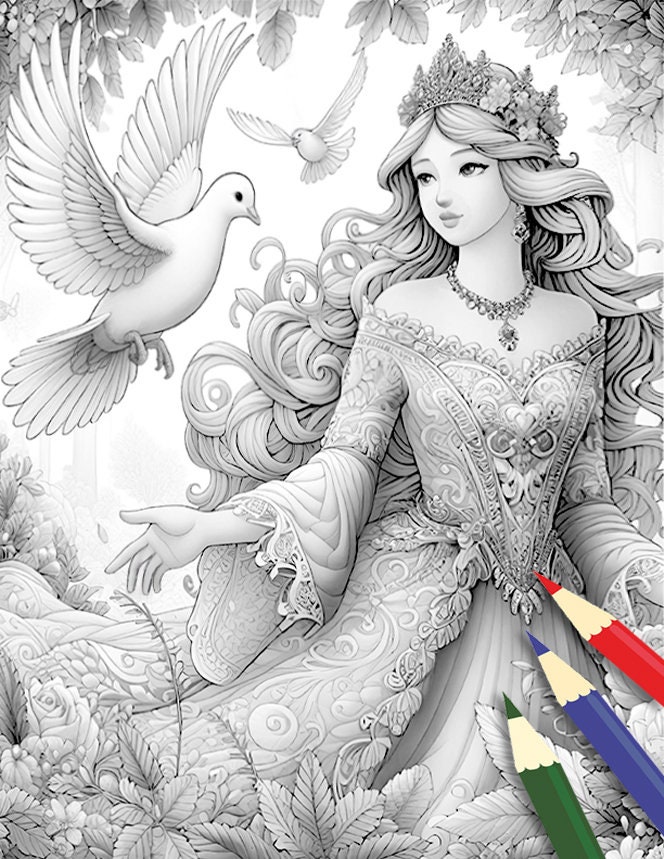 Cute Princess With Pigeon Coloring Pages, Coloring Book Fairy Tale ...