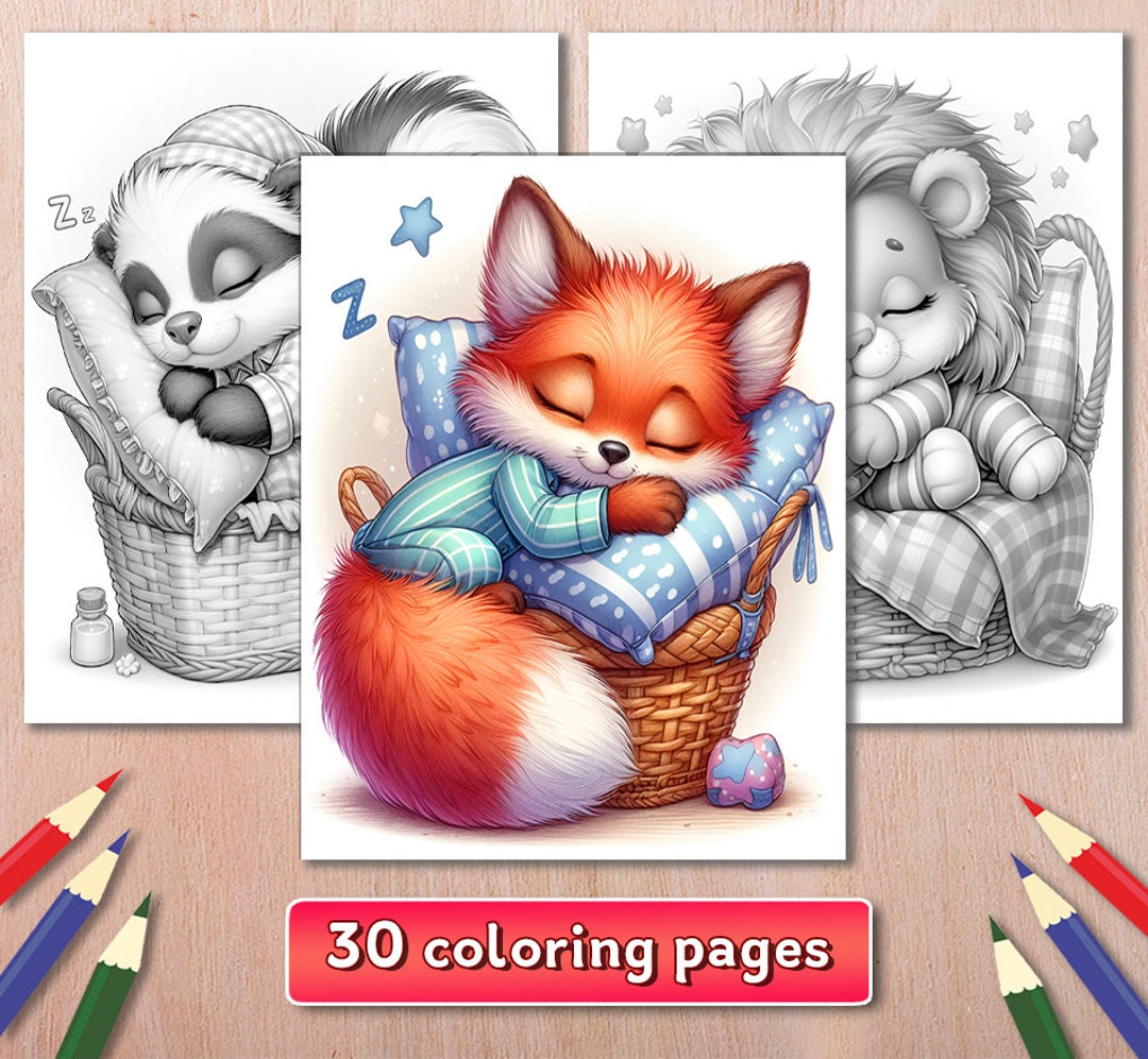Cute Sleepy Animals Coloring Book, Sweet Sleepy Baby Animals Grayscale ...