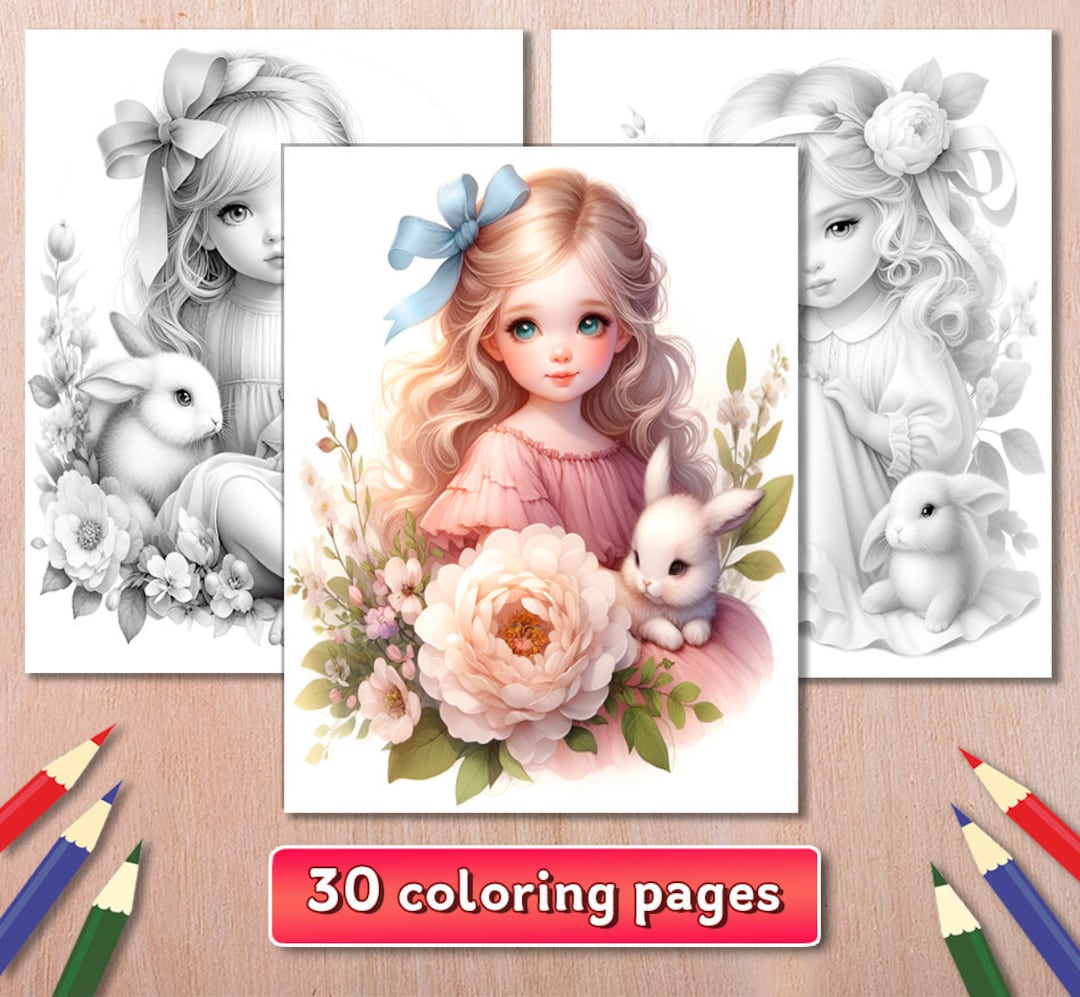 Girl and Bunny Coloring Pages, Cute Little Girl With Flowers and Bunny ...