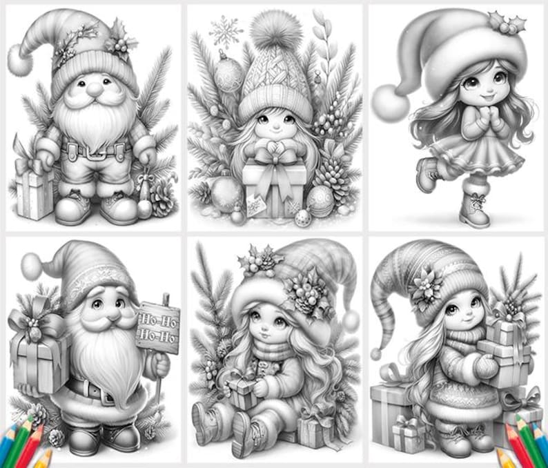 50 Christmas Gnomes Coloring Pages: Grayscale Xmas Coloring Book (PDF ...