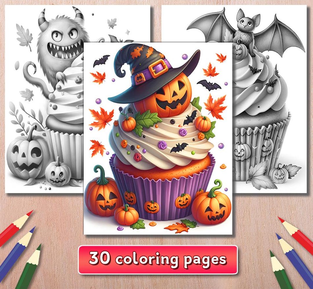 30 Halloween Cupcake Coloring Page, Spooky Halloween Dessert Coloring ...