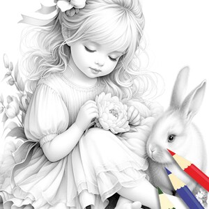 Girl and Bunny Coloring Pages, Cute Little Girl With Flowers and Bunny ...