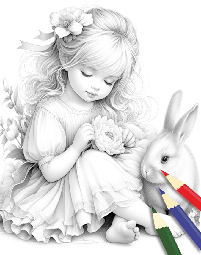 Girl and Bunny Coloring Pages, Cute Little Girl With Flowers and Bunny ...