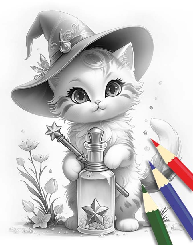 30 Cute Cats Witch Coloring Pages, Fantasy Coloring Book for Adults and ...