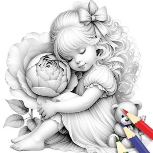 Girl and Teddy Bear Coloring Pages, Cute Little Girl With Flowers ...