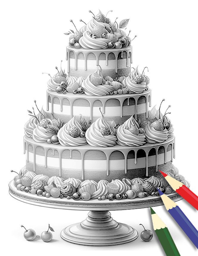 30 Birthday Cake Coloring Book, Wedding Cake, Dessert Coloring Book ...