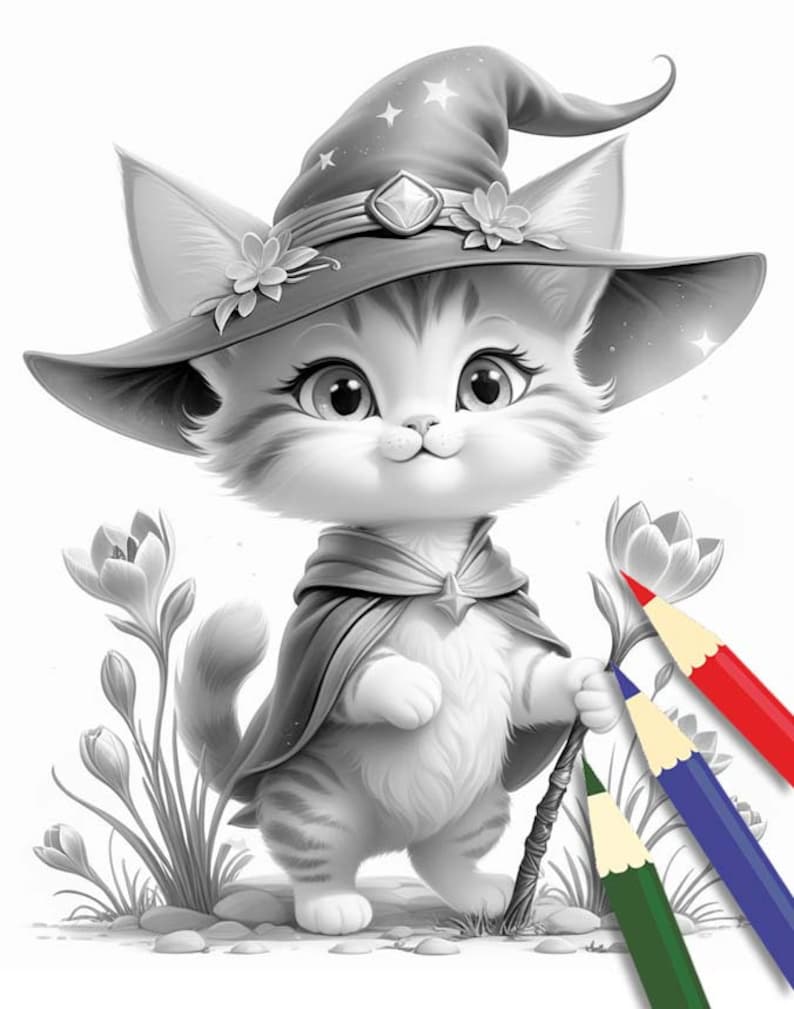 Witch Cats Coloring Pages, 30 Fantasy Grayscale Designs (printable PDF ...