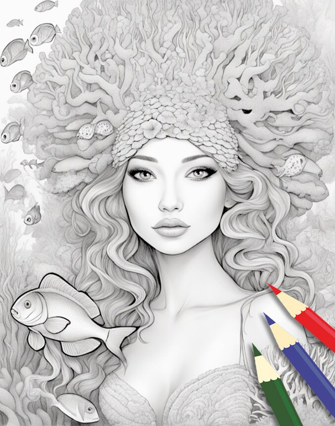 Sea Queen Coloring Pages, Portrait Woman Coloring Sheet, Fantasy ...