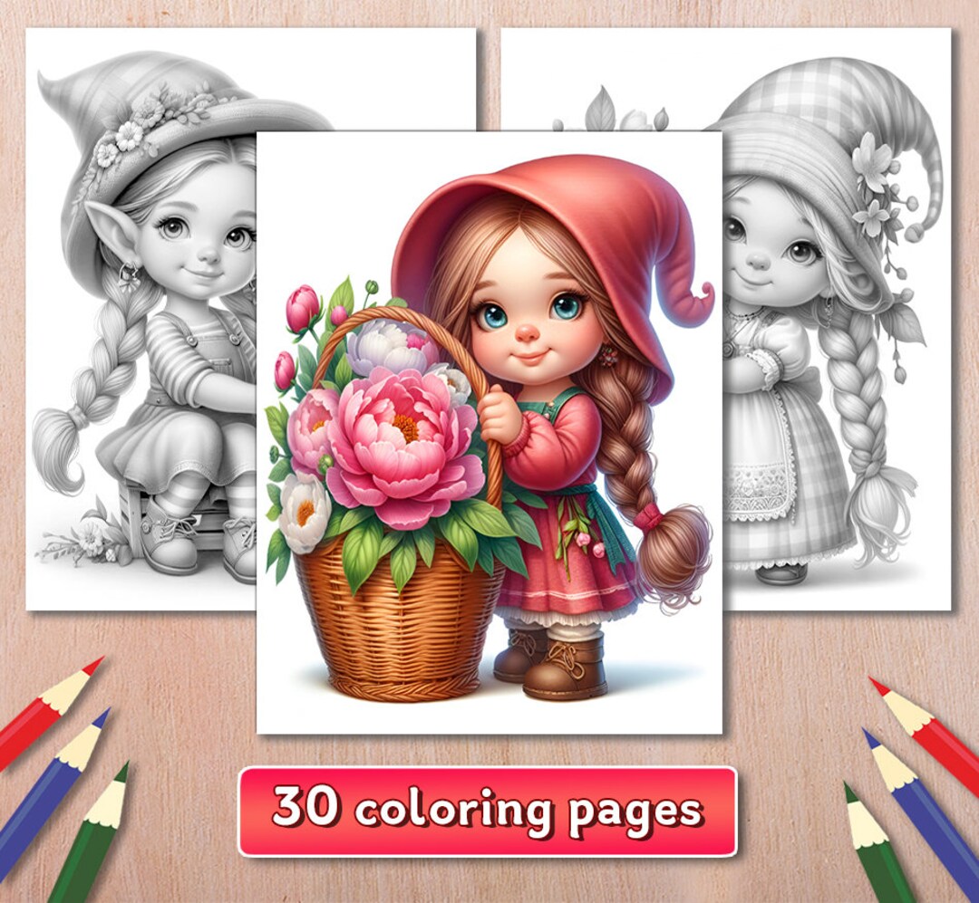 Gnome Girl With a Basket of Flowers Coloring Pages, Cute Girl Gnome ...