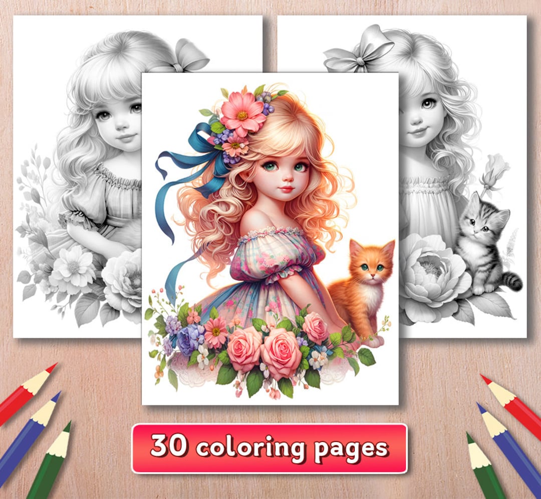 Little Girl and Kitten Coloring Book, Cute Little Girl With Flowers ...