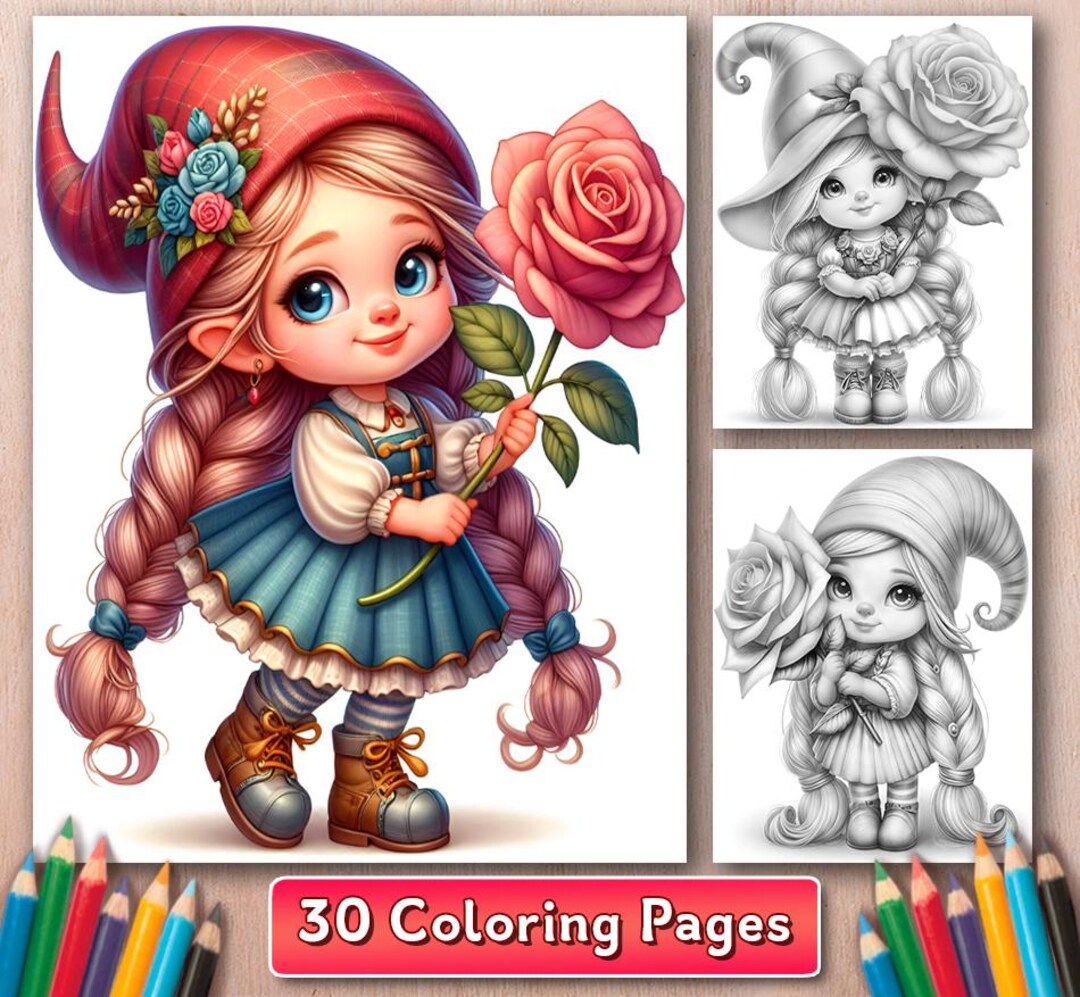 30 Gnome Girl With a Rose Coloring Pages, Cute Little Girl Gnome and ...