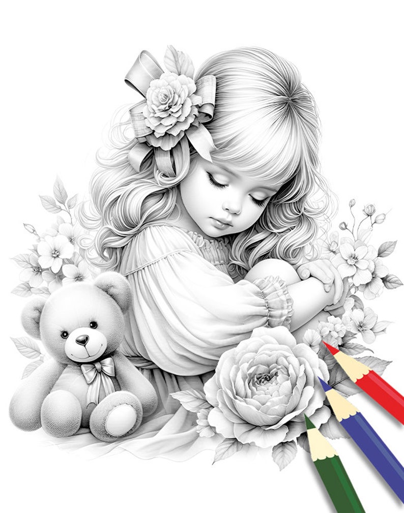 Girl and Teddy Bear Coloring Pages, Cute Little Girl With Flowers ...