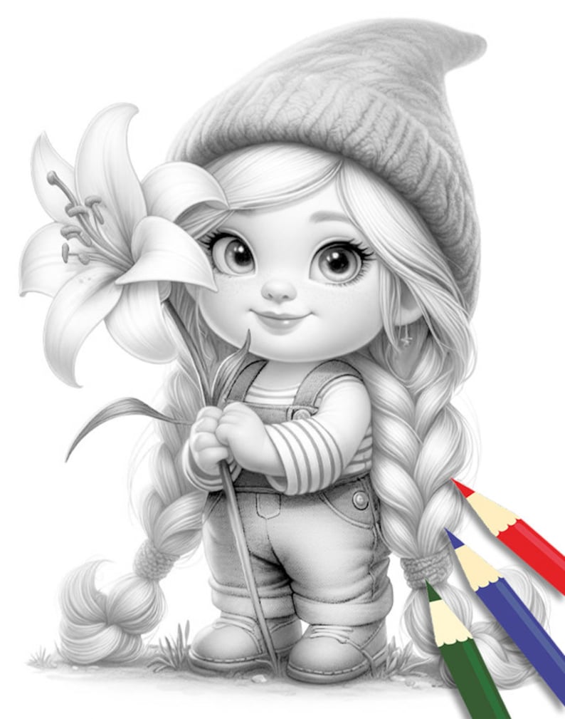 Gnome With Flower Coloring Pages, Cute Little Girl Gnome, Coloring Book ...