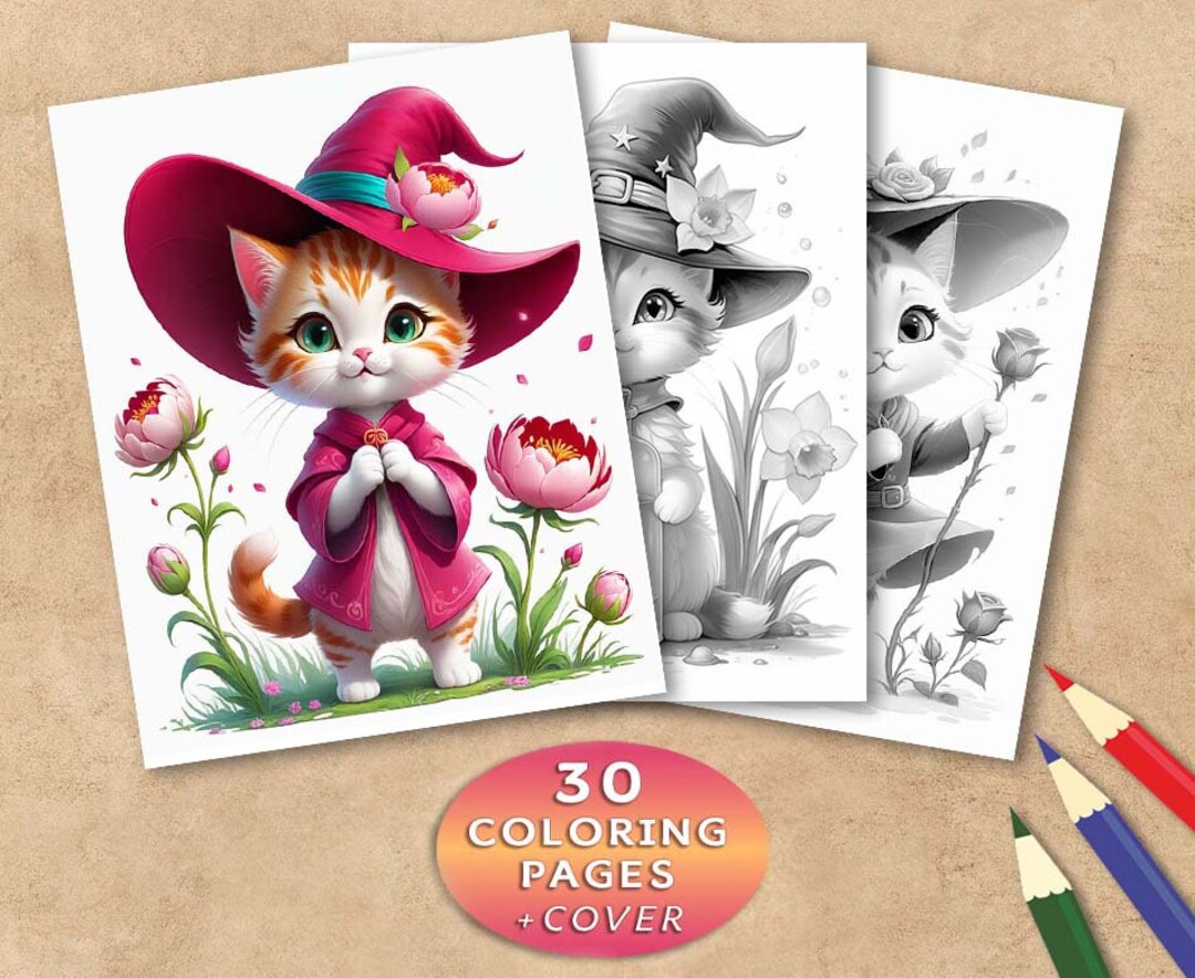 Witch Cats Coloring Pages, 30 Fantasy Grayscale Designs (printable PDF ...