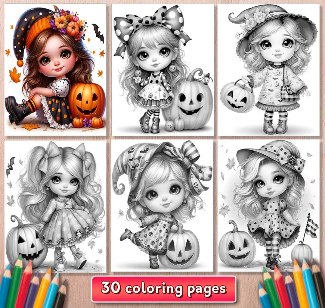 30 Halloween Girl Coloring Pages: Grayscale Pumpkin Art (PDF) - Etsy