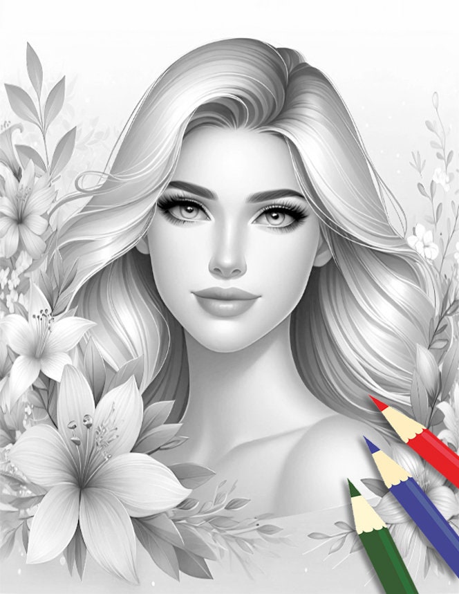 30 Blooming Lady Coloring Pages, Beautiful Women With Flowers Coloring ...