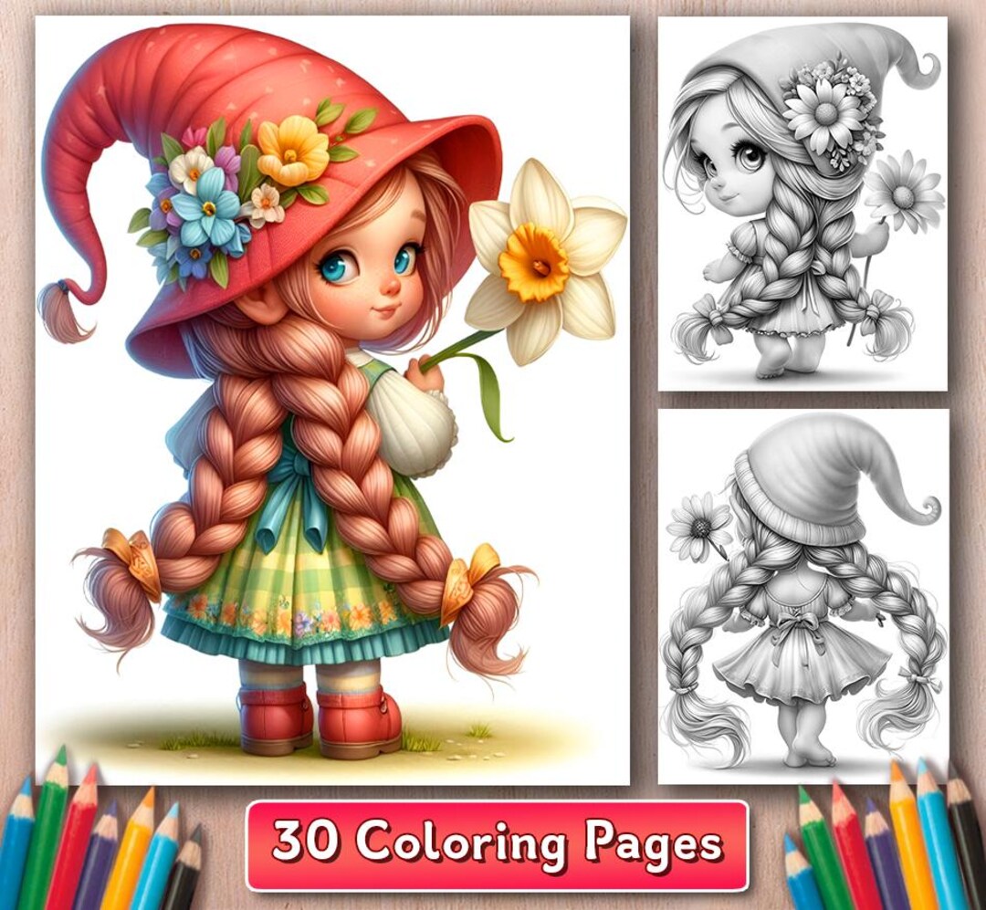 Gnome Girl Backside Grayscale Coloring Pages, 30 Cute Gnome Fantasy ...