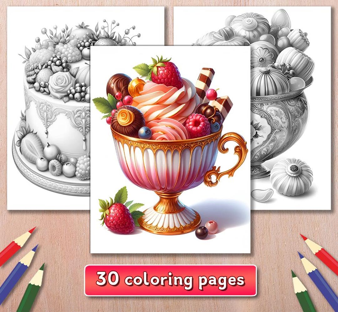 30 Delicious Sweets Coloring Page, Sweet Desserts Grayscale Coloring ...