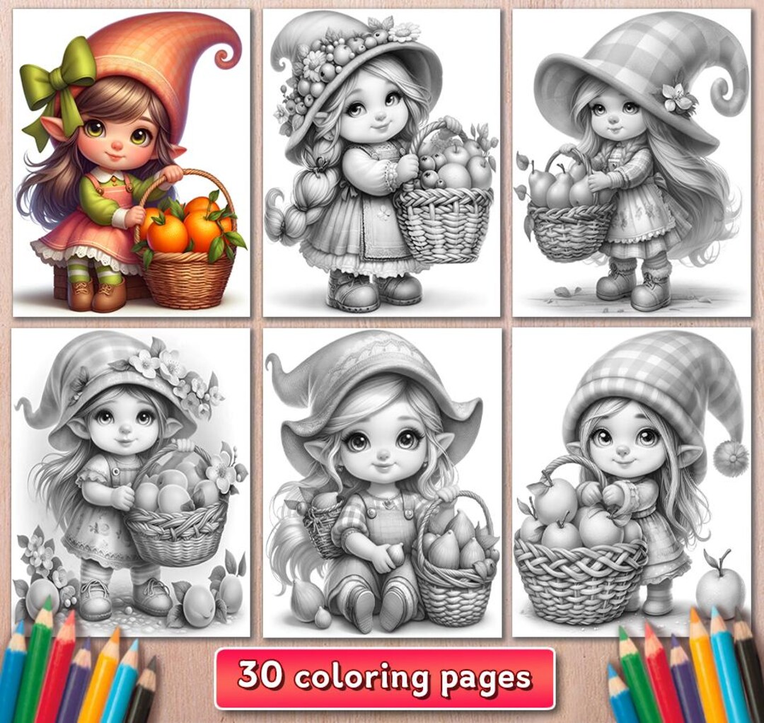 30 Cute Gnome Girl With a Basket of Fruit Coloring Pages, Cute Little ...