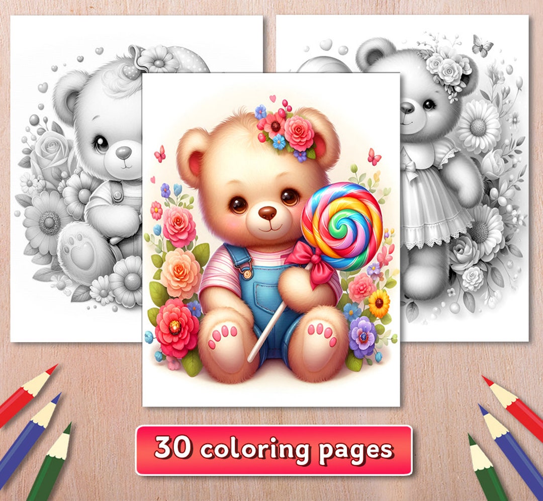 Teddy Bear Lollipop Coloring Book: 30 Grayscale Pages (instant Download ...