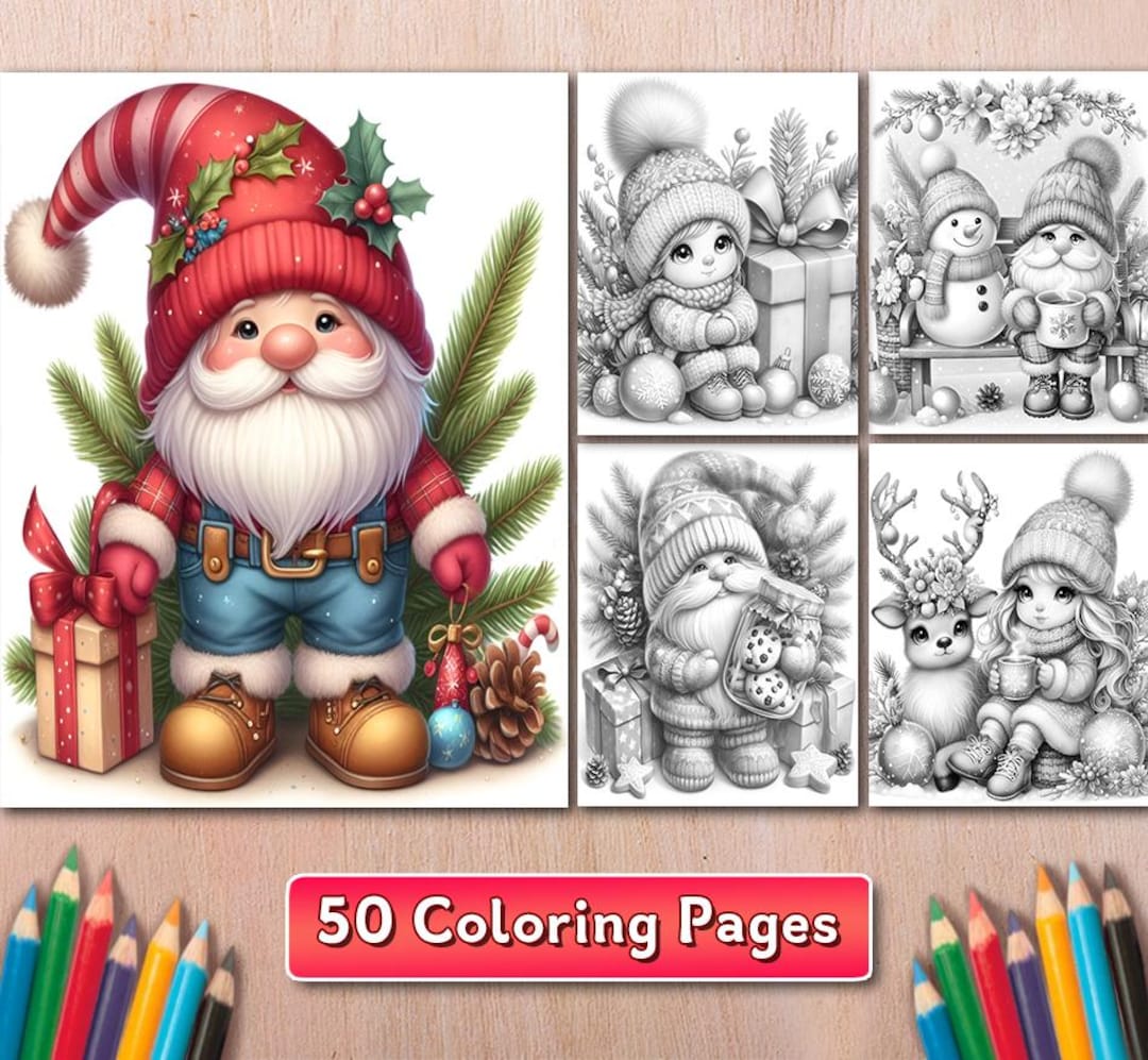 50 Christmas Gnomes Coloring Pages: Grayscale Xmas Coloring Book (PDF ...