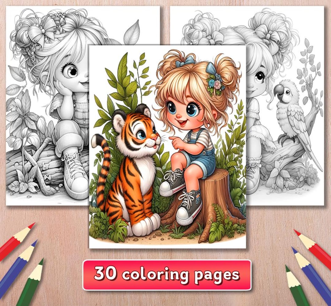 30 Girls and Wild Animals - Coloring Pages, Cute Little Girl and ...