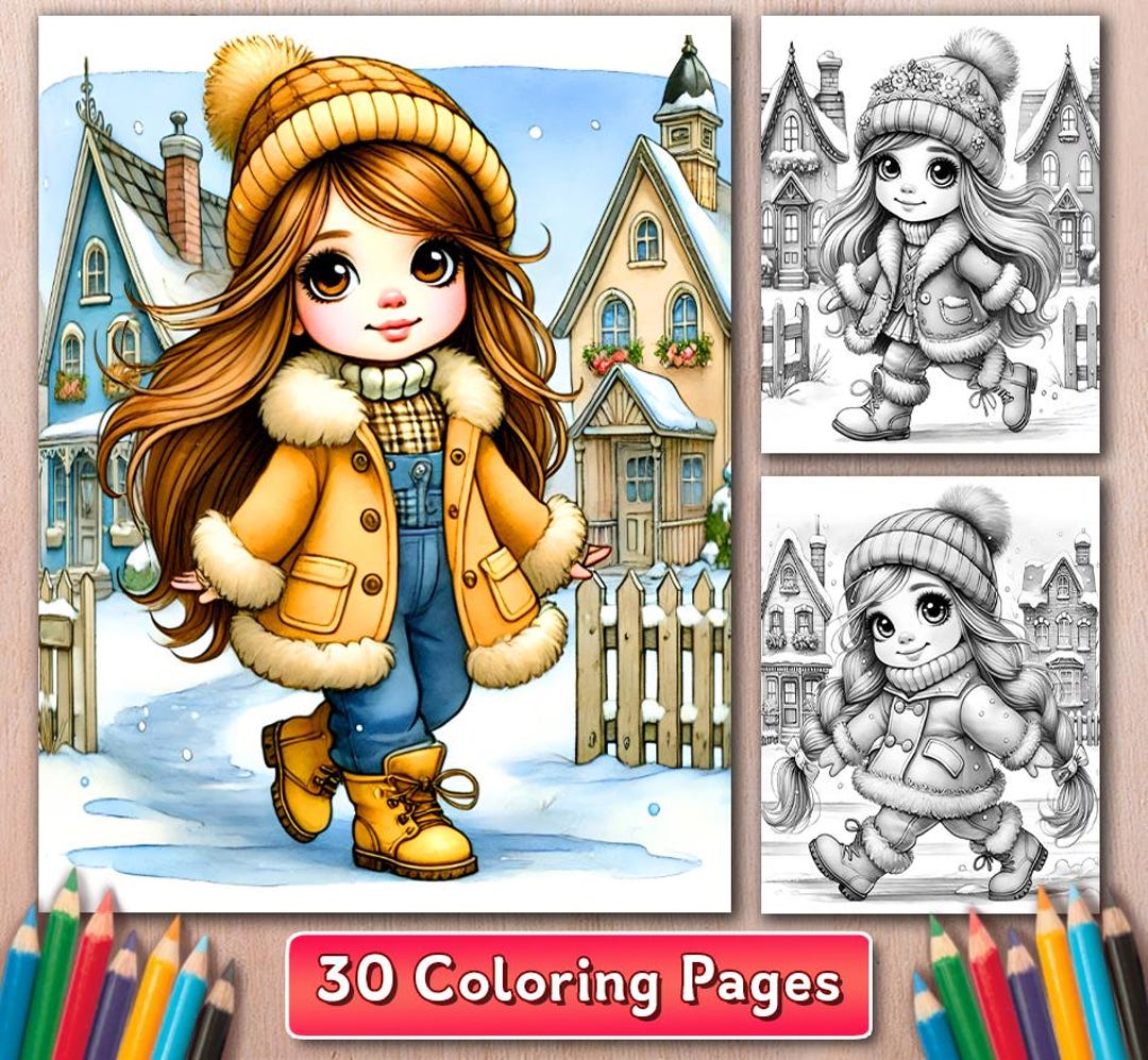 30 Winter City Girl Coloring Pages, Grayscale Winter Girls, Cute Girl ...
