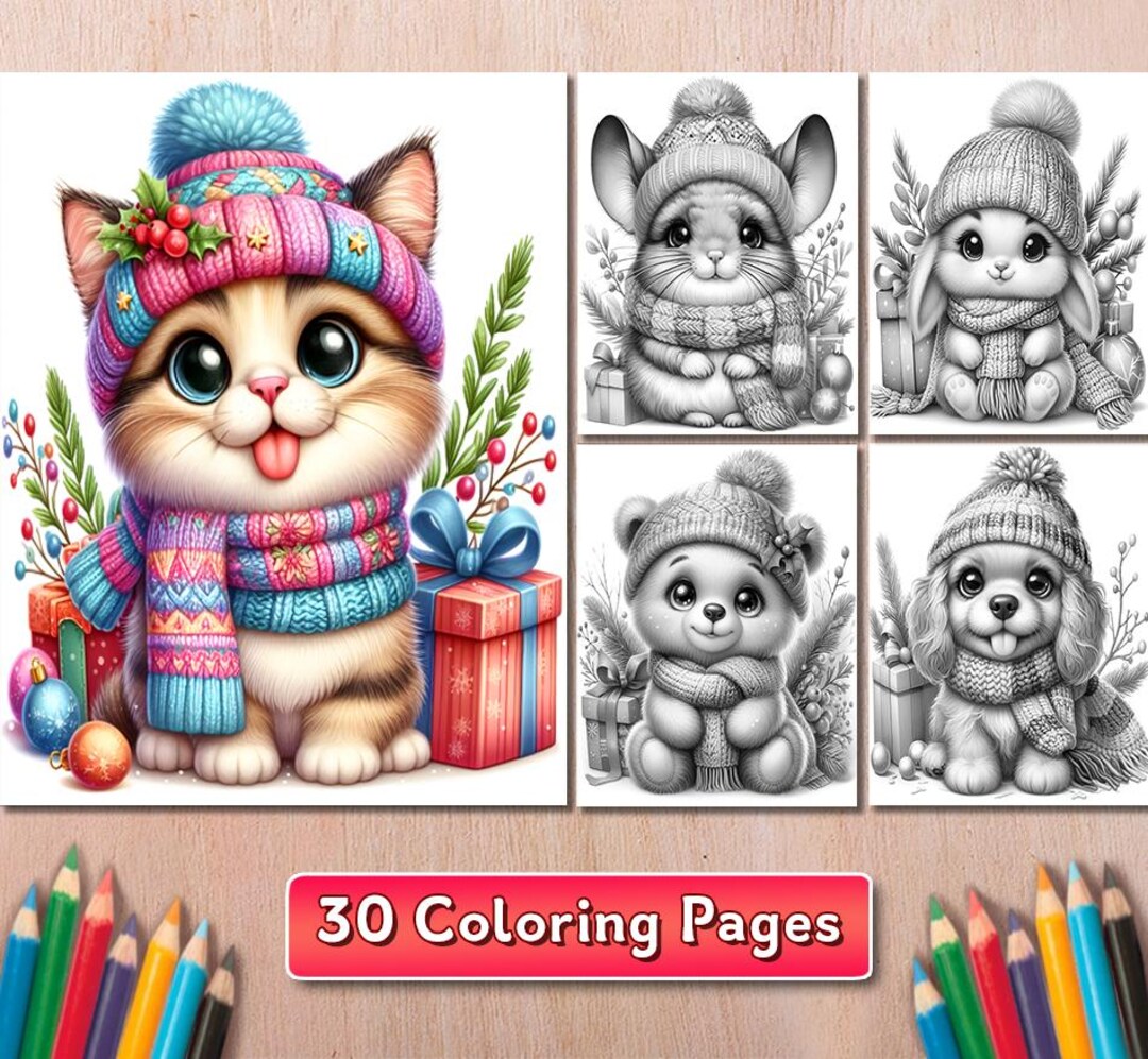 30 Adorable Animals With Christmas Gifts Coloring Pages, Cute Animals ...