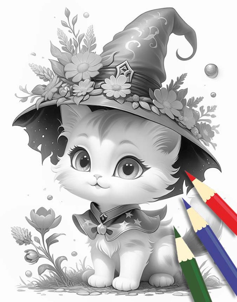 Witch Cats Coloring Pages, 30 Fantasy Grayscale Designs (printable PDF ...