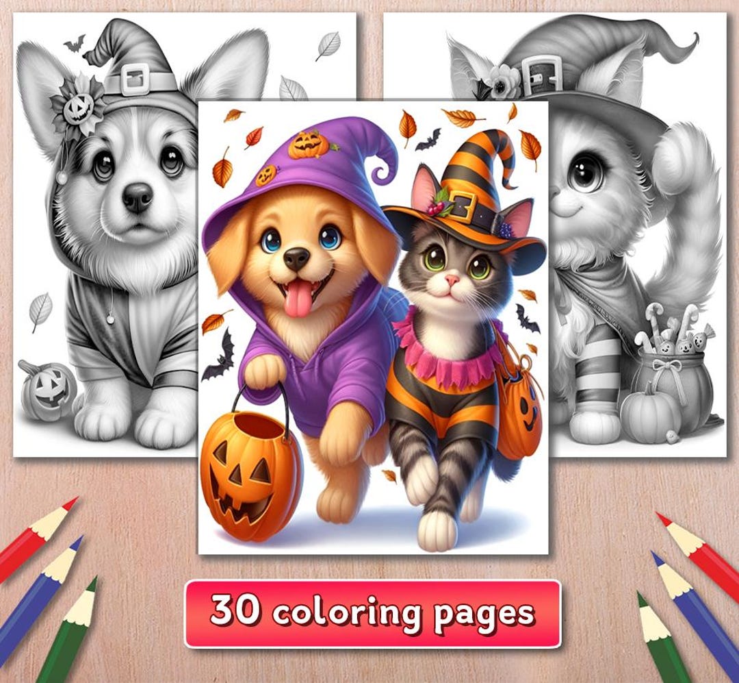 30 Cute Halloween Cat and Dog Coloring Pages, Animals Halloween ...